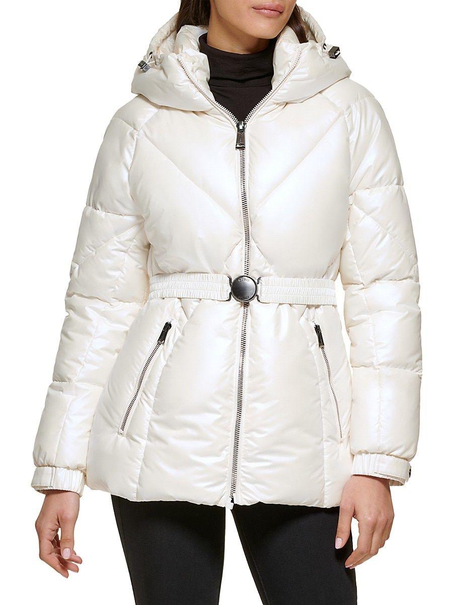 Guess Belted Puffer Jacket in White | Lyst