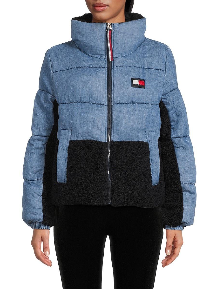Tommy Hilfiger Faux Shearling Trim Denim Puffer Jacket in Blue | Lyst