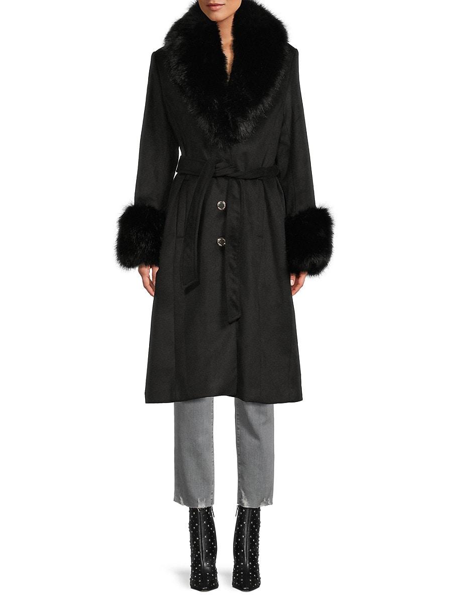 Karl Lagerfeld Faux Fur Wool Blend Belted Coat in Black | Lyst