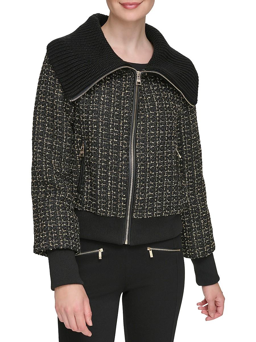 Karl Lagerfeld Metallic Tweed Bomber Jacket in Black | Lyst