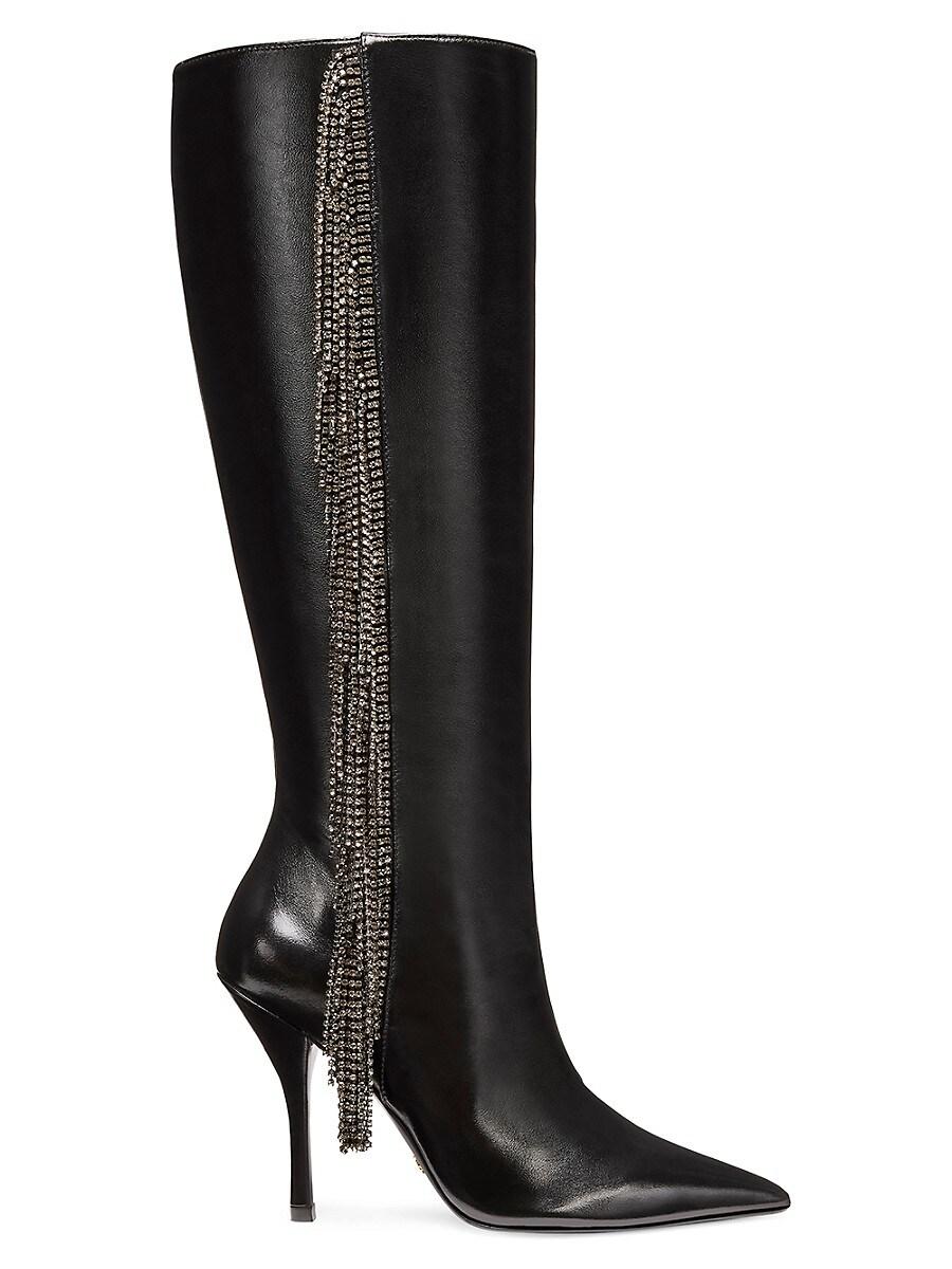 Stuart Weitzman 100Mm Crystal Fringe Leather Knee High Boots in Black ...