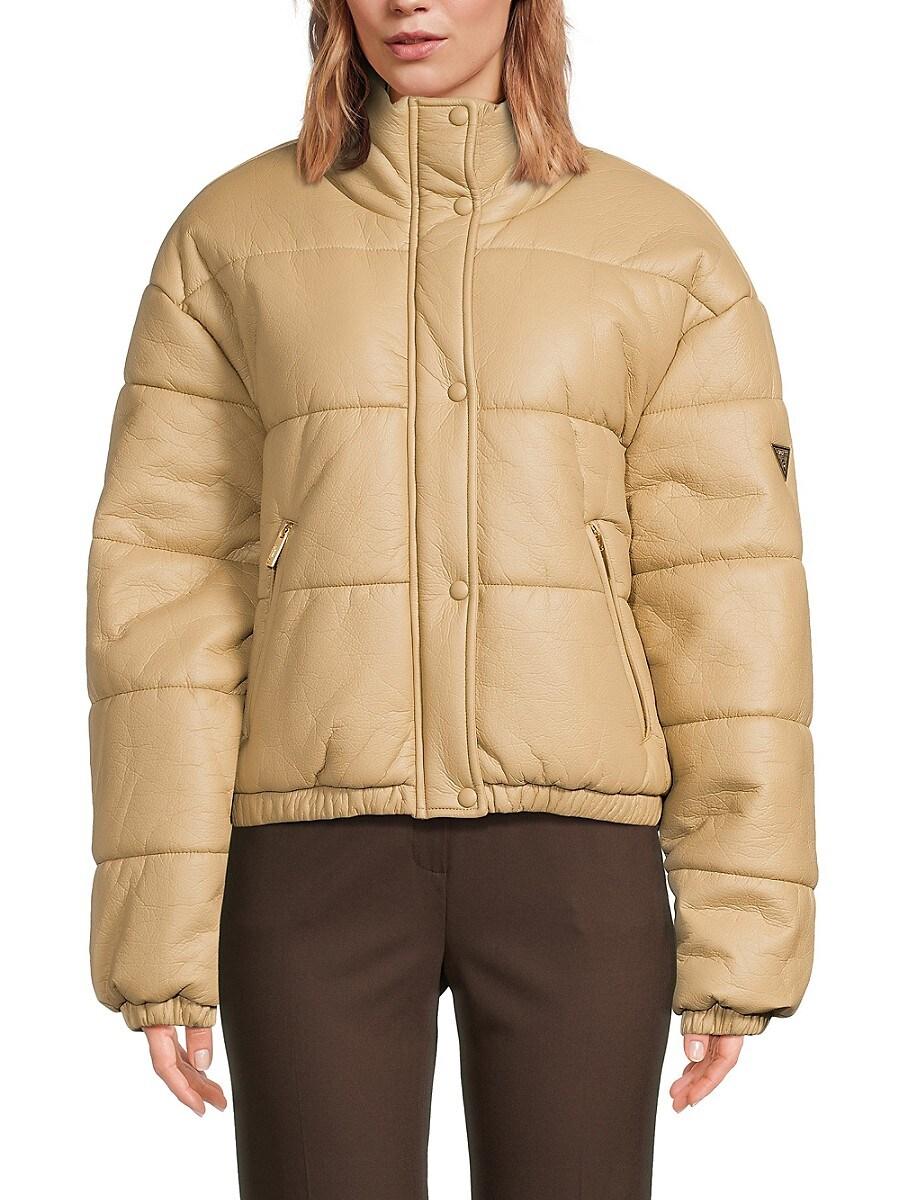 Guess Faux Leather Puffer Jacket in Natural | Lyst