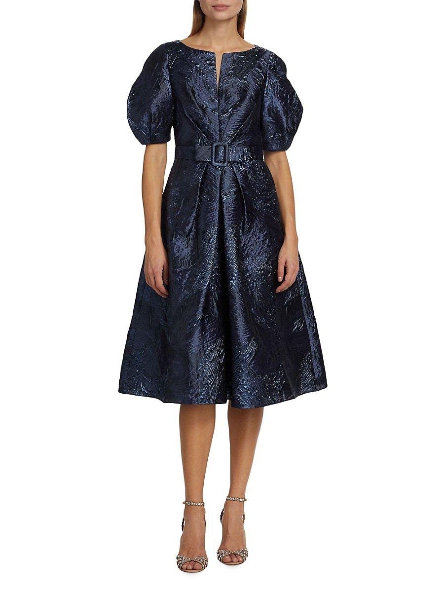 Teri Jon Metallic Puff Sleeve Cocktail Dress in Blue | Lyst