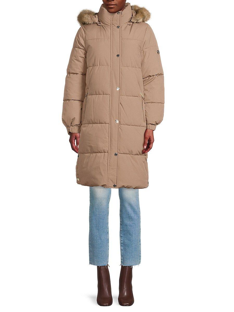 MICHAEL Michael Kors Faux Fur Trim Hooded Puffer Coat in Natural | Lyst