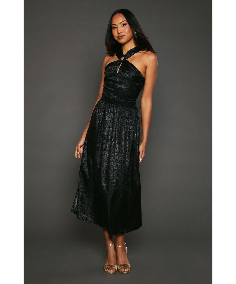 PRINCIPLES Metallic Halter Neck Midi Dress in Black | Lyst UK