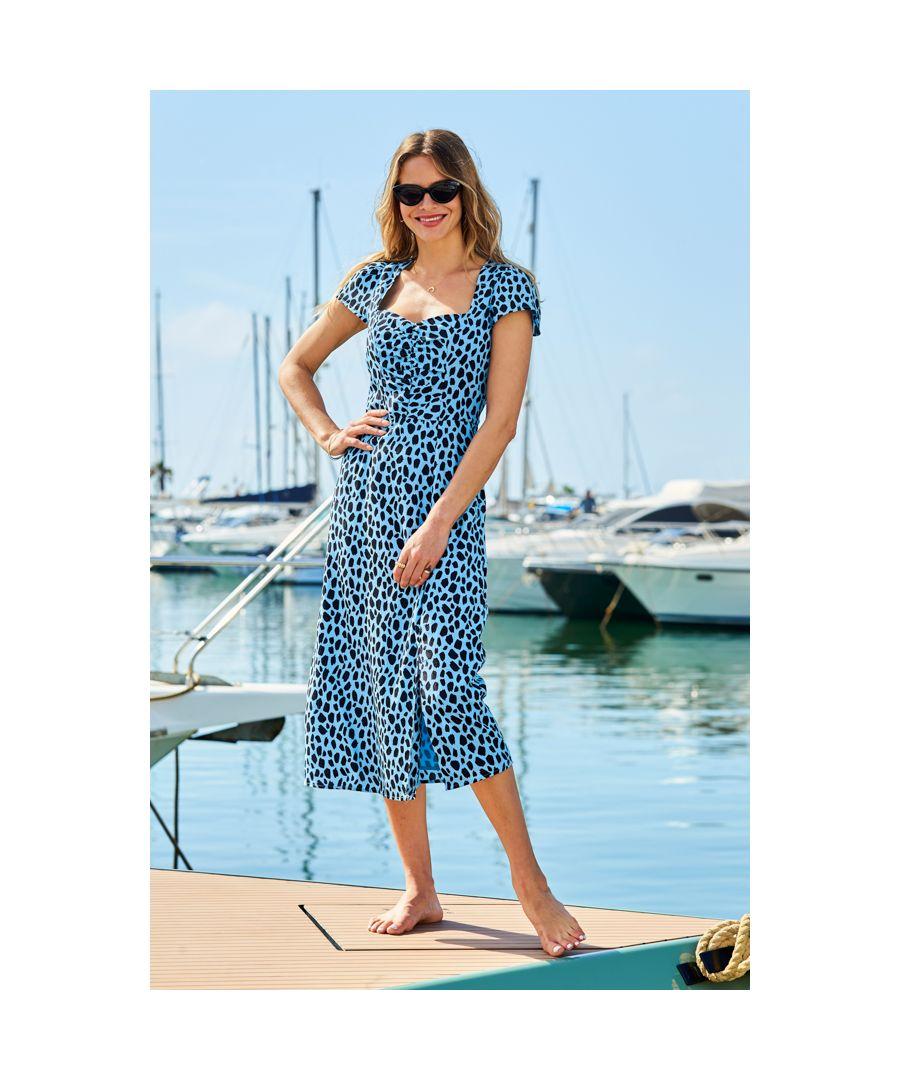 Sosandar Blue & Black Fleck Print Ruched Front Midi Dress | Lyst UK