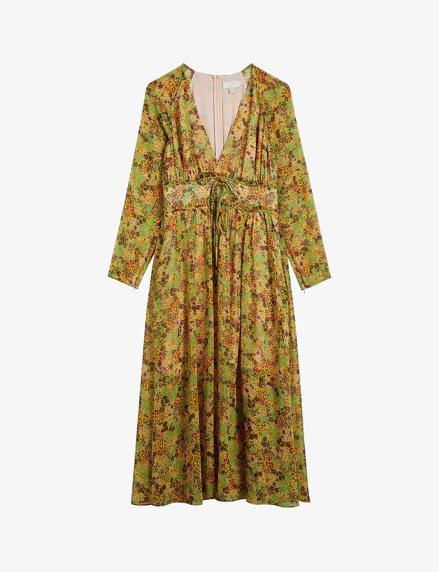 Ted Baker Umah Floral Print Tied Waist Recycled Polyester Midi Dress In