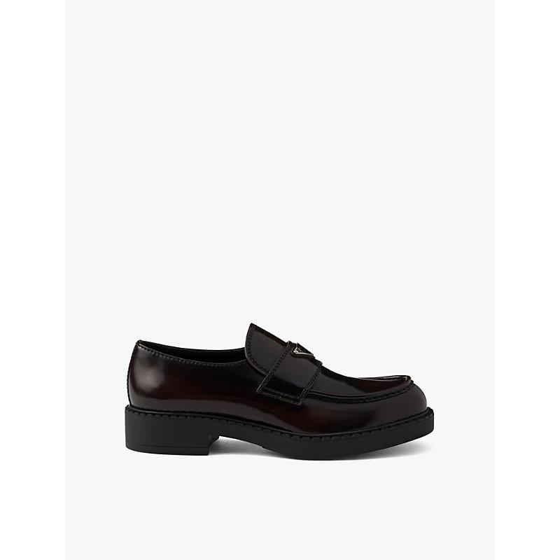 Prada Chocolate Logo-Plaque Brushed Leather Loafers in Black for Men | Lyst