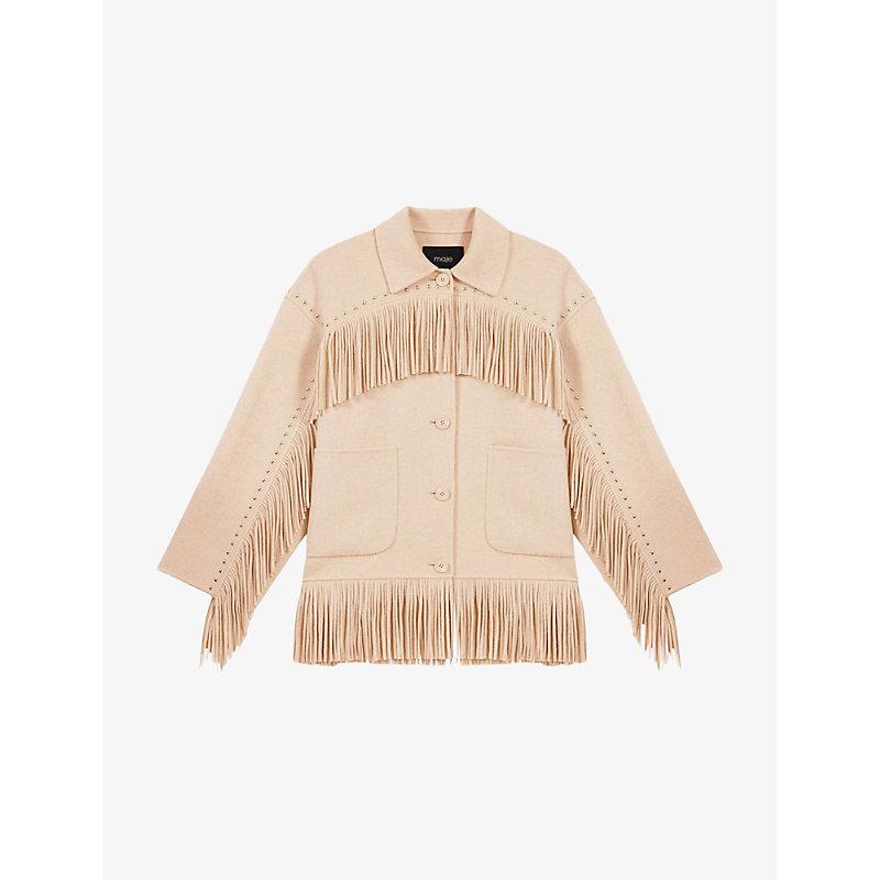 Maje Fringe-Trim Brushed Wool-Blend Coat in Natural | Lyst