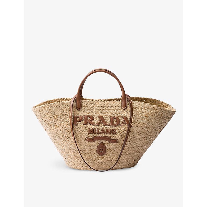 Prada Logo-Embossed Large Raffia And Leather Tote in Brown | Lyst