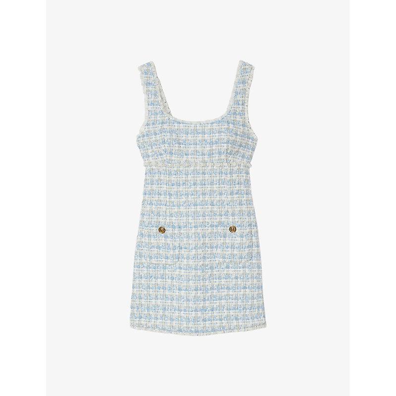 Sandro Button-Embellished Fringed-Trim Tweed Mini Dress in Blue | Lyst