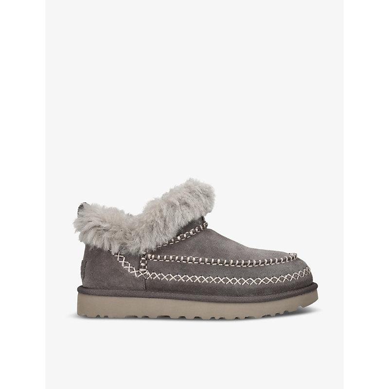 UGG Classic Ultra Mini Alpine Logo-Patch Suede Ankle Boots in Gray | Lyst