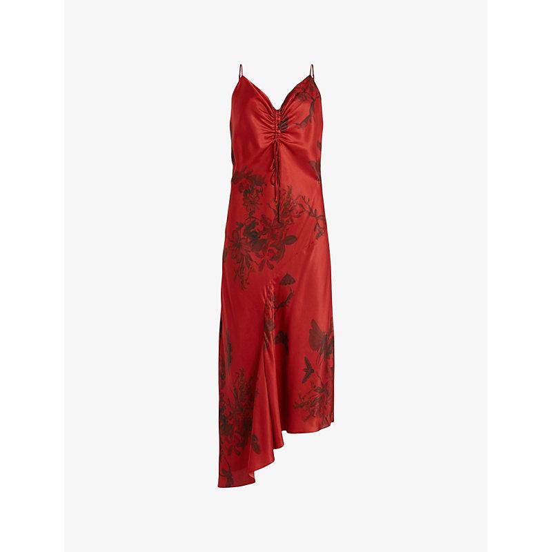 AllSaints Alexia Floral-print Silk Midi Dress in Red | Lyst