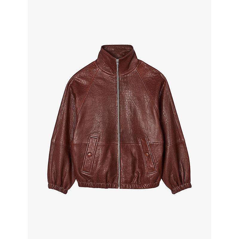Sandro High-Neck Oversized Leather Jacket in Brown | Lyst