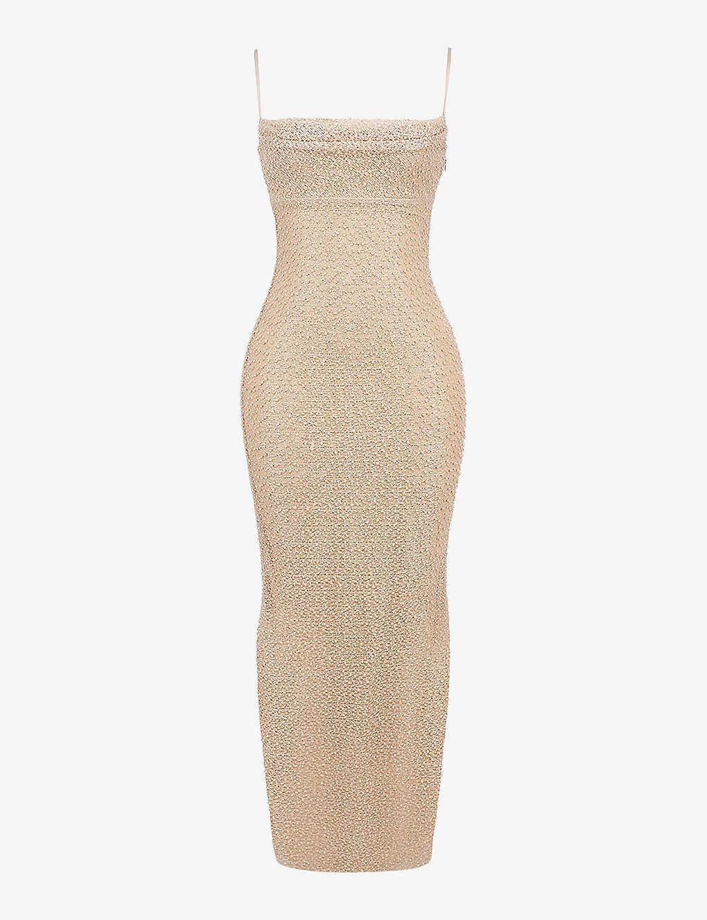 House Of Cb Calla Bead-embellished Mesh And Satin Maxi Dress in Natural ...