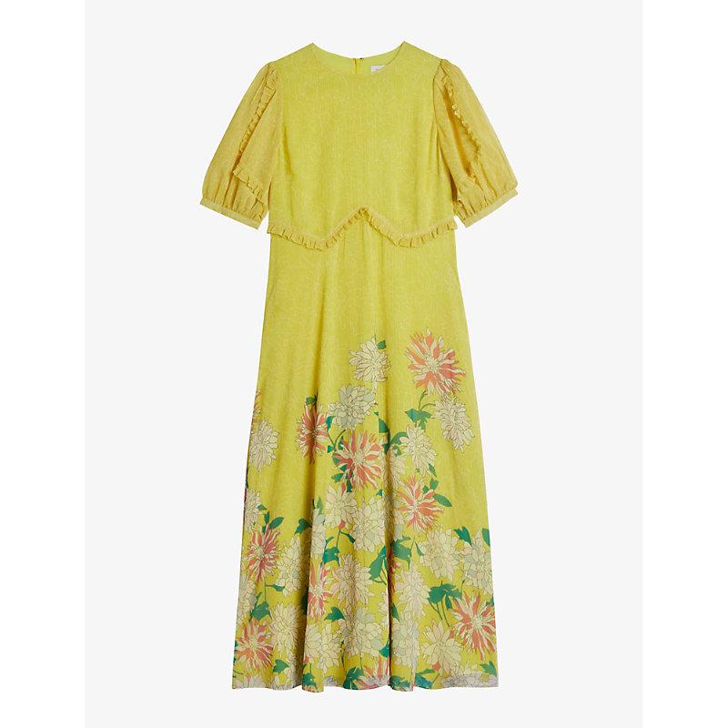 Ted Baker Carinnn Puff Sleeve Floral Print Woven Midi Dress In Yellow