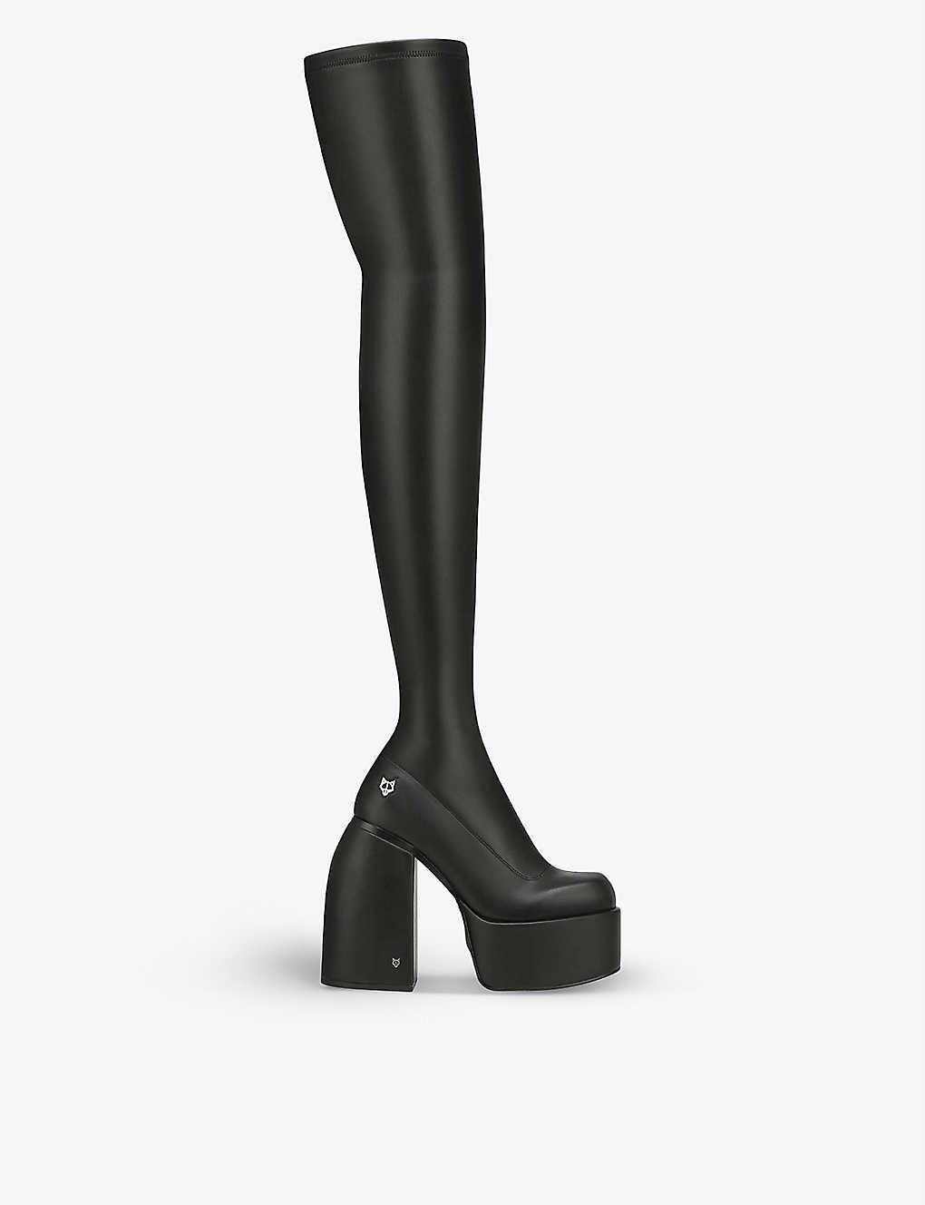 Naked Wolfe Juicy Faux-leather Thigh-high Heeled Boots in Black | Lyst