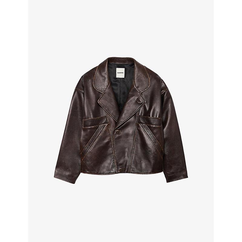 Sandro Oversized-Collar Relaxed-Fit Leather Jacket in Brown | Lyst