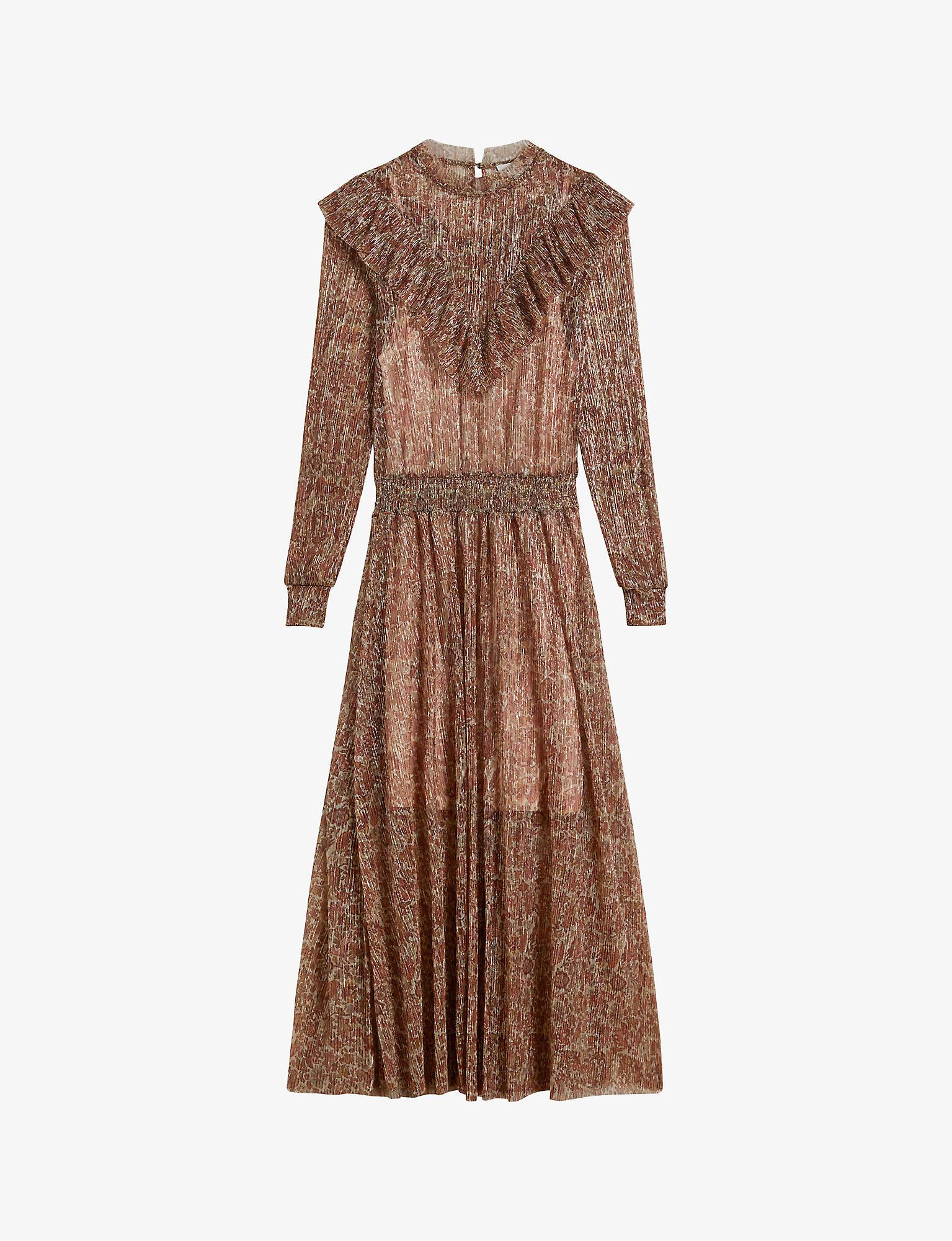 Ted Baker Debbix Floral Print Metallic Woven Midi Dress In Brown Lyst