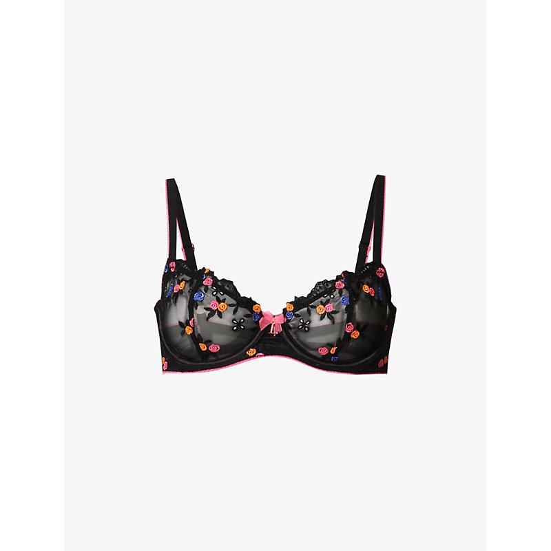 Lounge Underwear Neon Floral-embroidered Bow-embellished Mesh Bra in ...