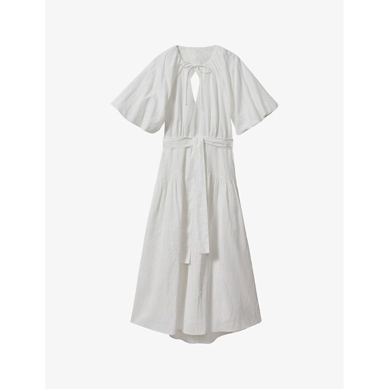 Reiss Alice Puff Sleeve Belted Waist Linen And Cotton Blend Midi Dress