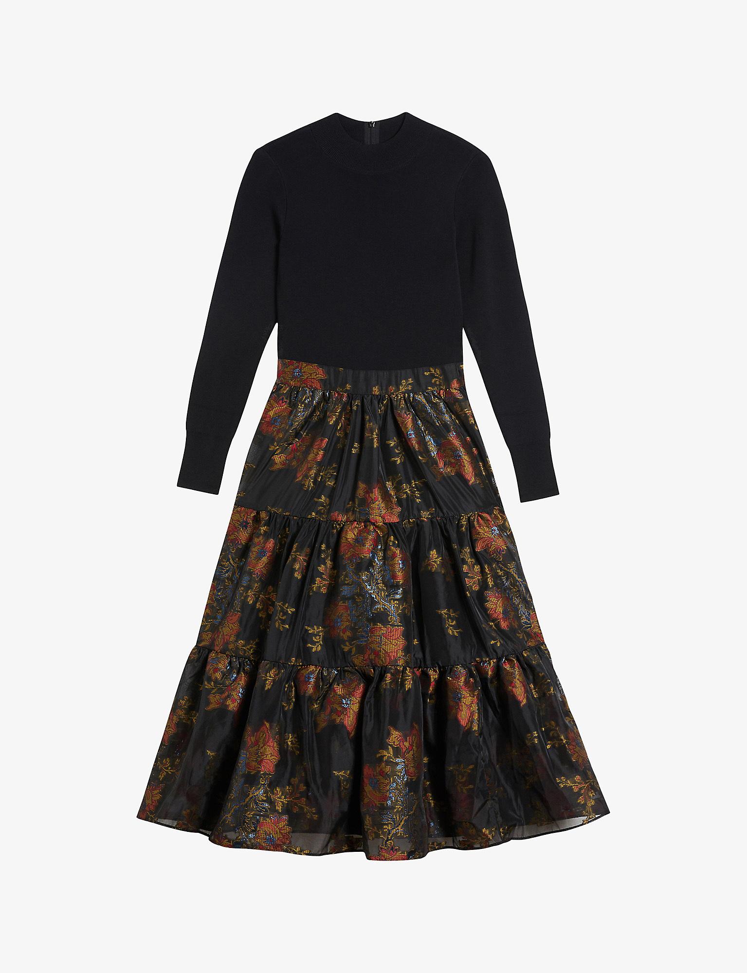 Ted Baker Synthetic Audria Floral Print Knit Midi Dress In Black Lyst