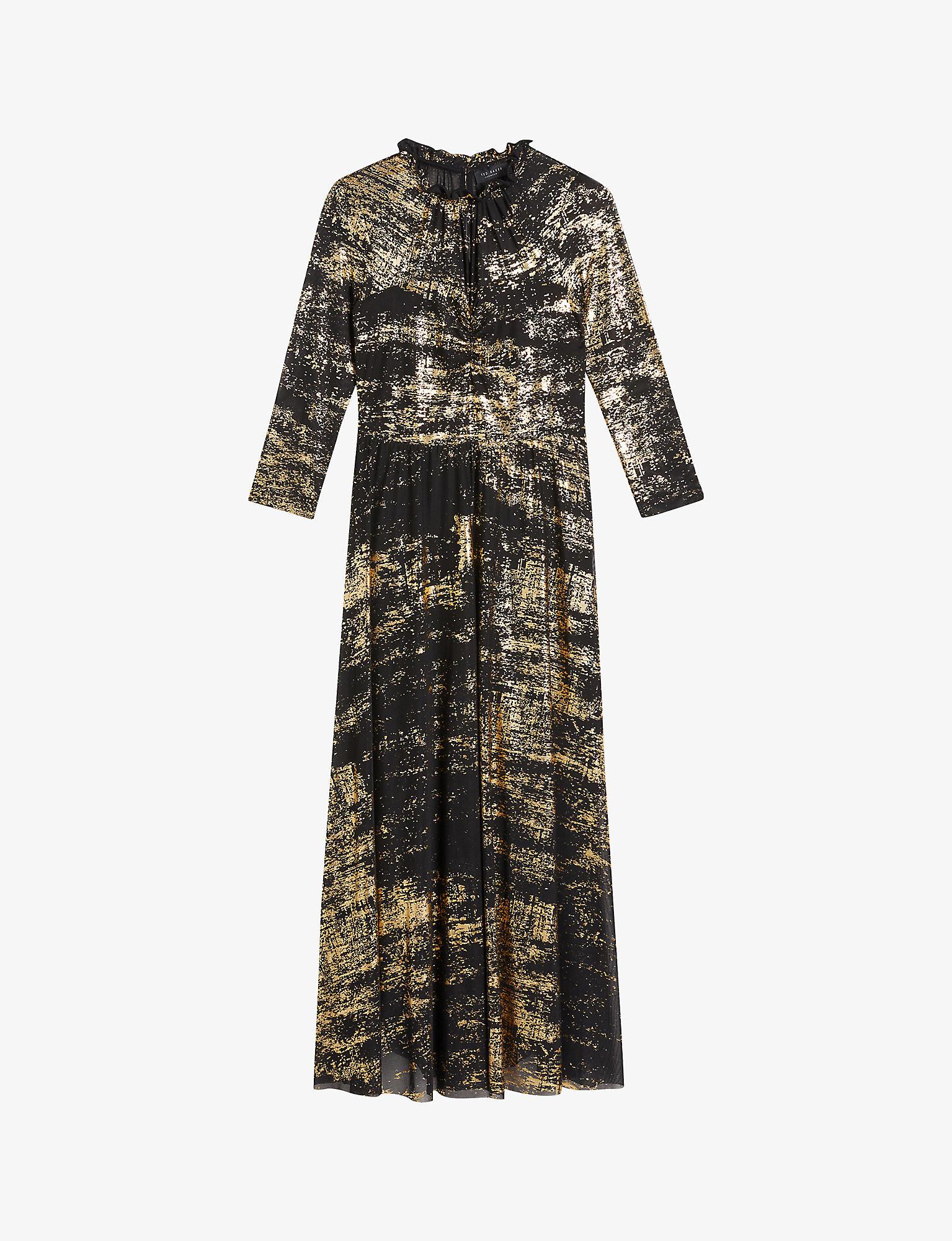 Ted Baker Iggiey Metallic Print Frilled Neck Stretch Woven Midi Dress