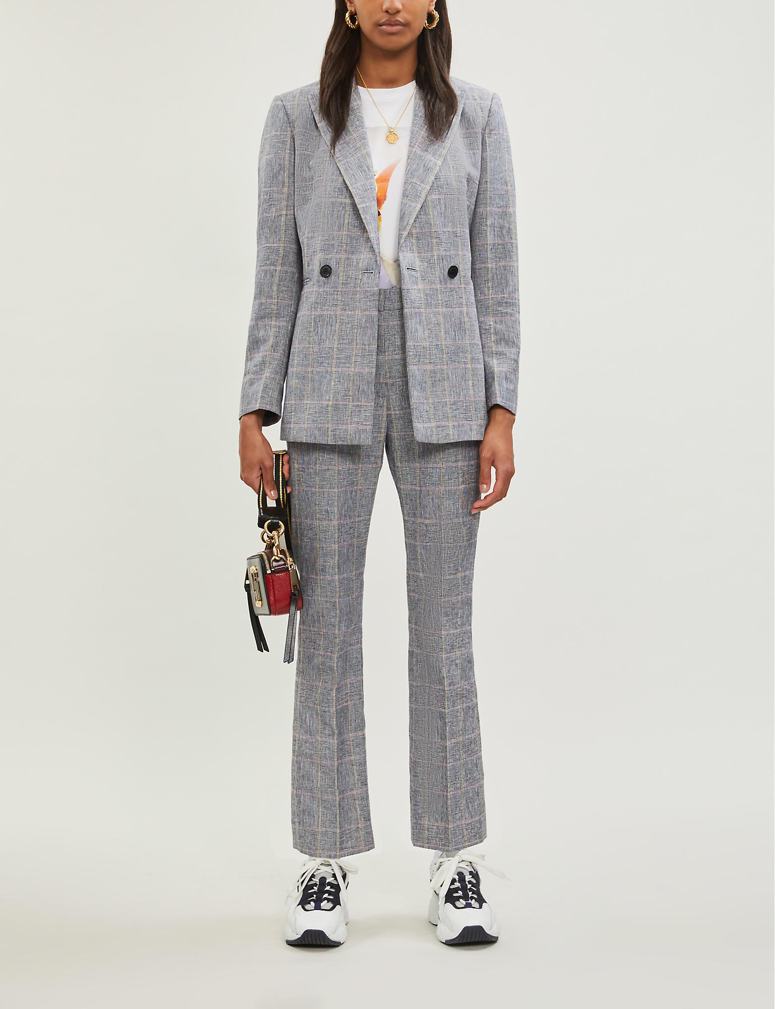 Sandro Checked Double-breasted Linen-blend Blazer in Gray - Lyst