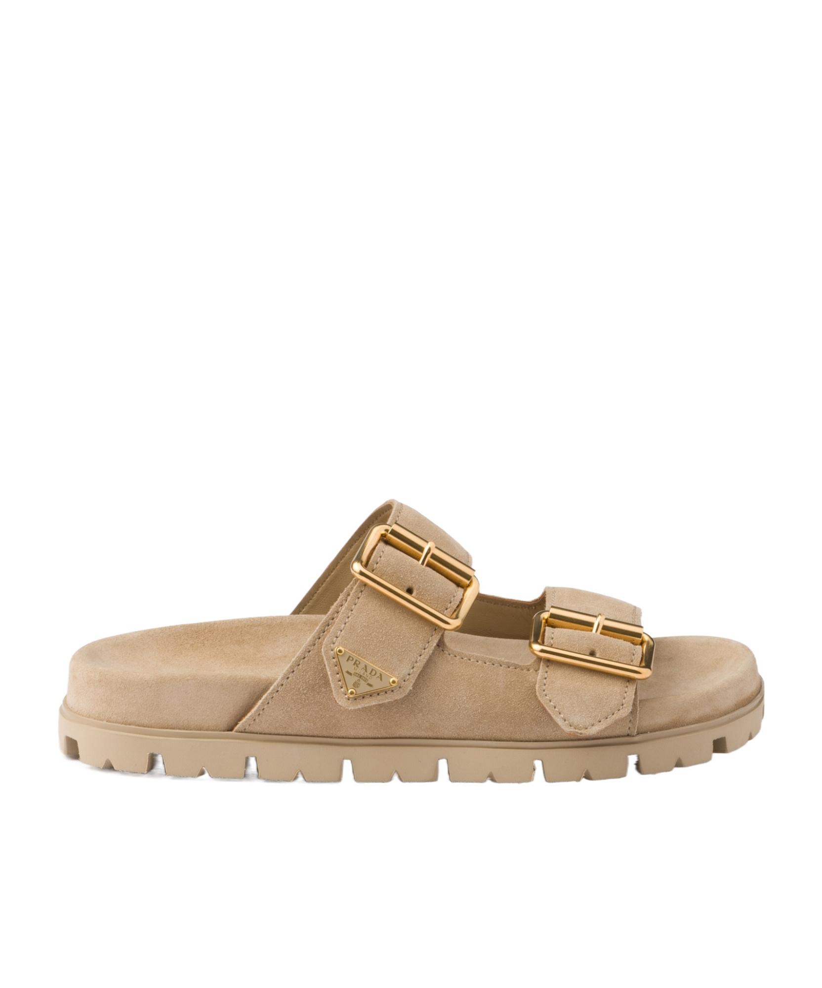 Prada Triangle-Logo Suede Slides in Brown | Lyst