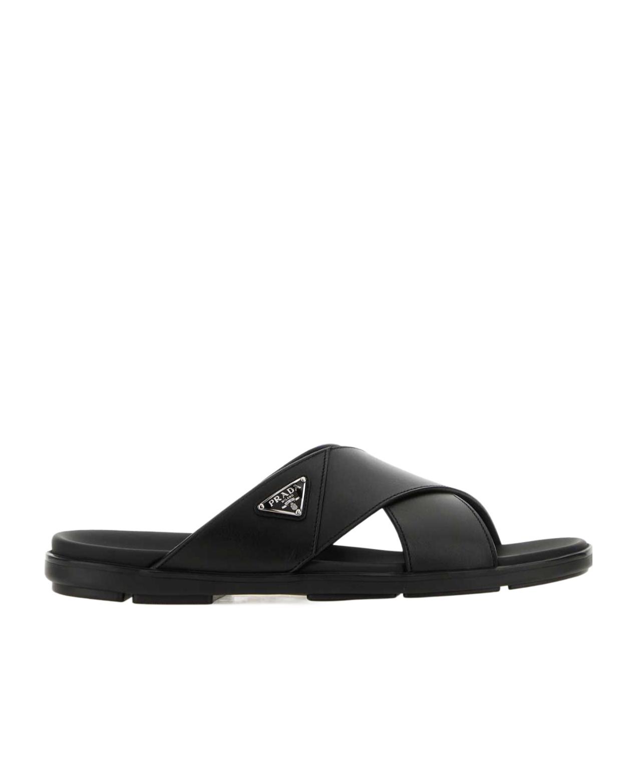 Prada Triangle Logo Leather Slides in Black for Men | Lyst