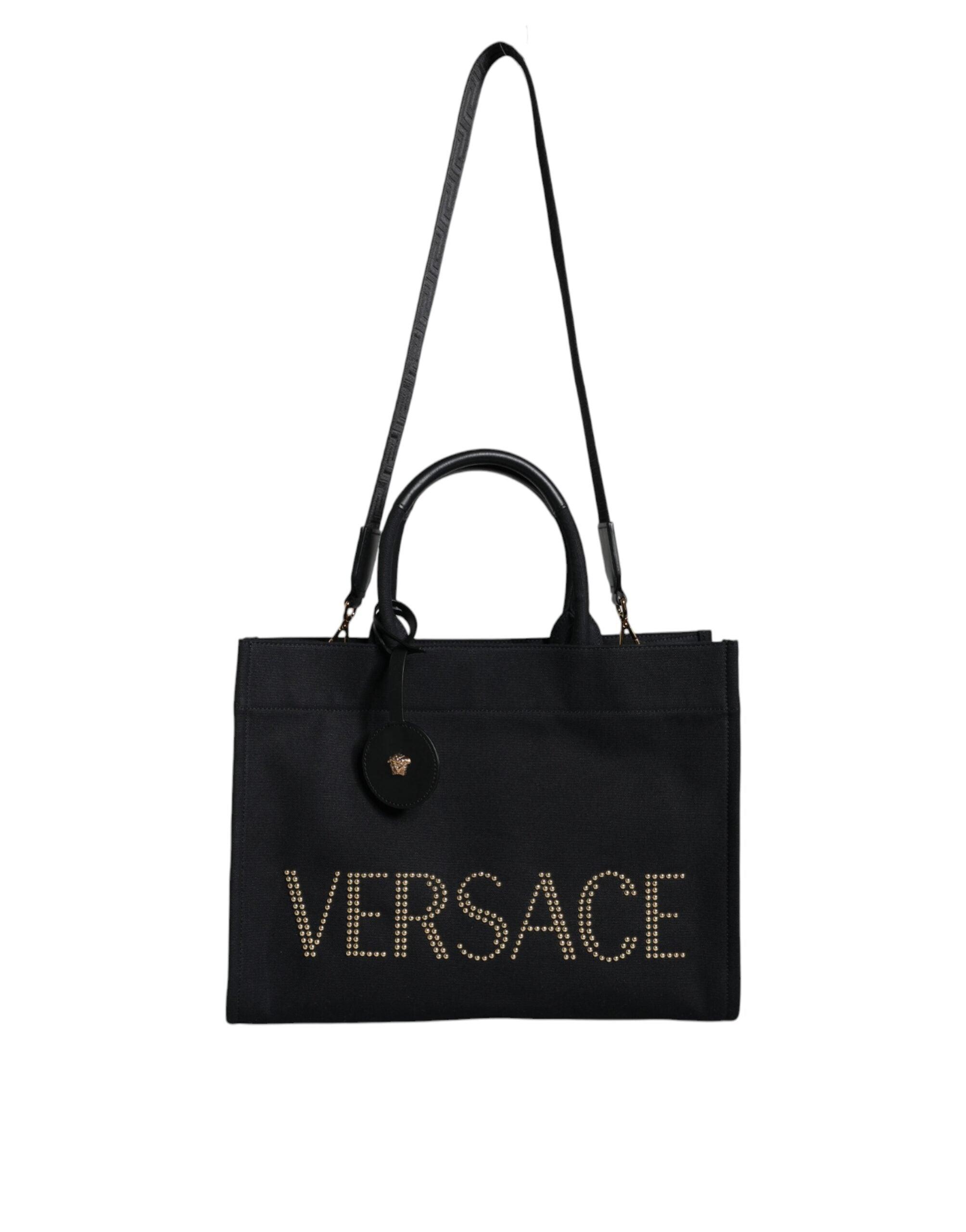 Versace Black Top Handle Canvas Leather Logo Crossbody Tote Bag | Lyst