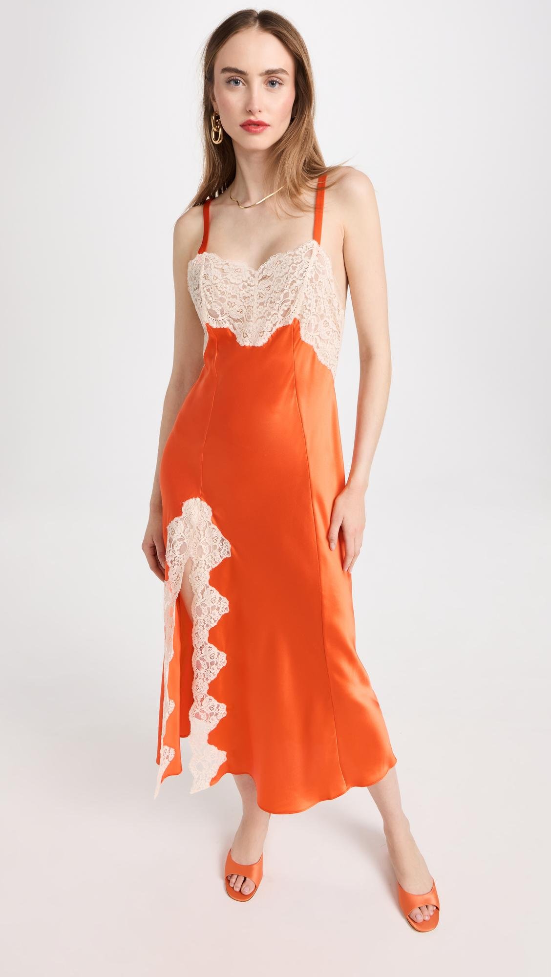 Rodarte Silk Satin And Lace Bias Slip Dress in Orange | Lyst Canada