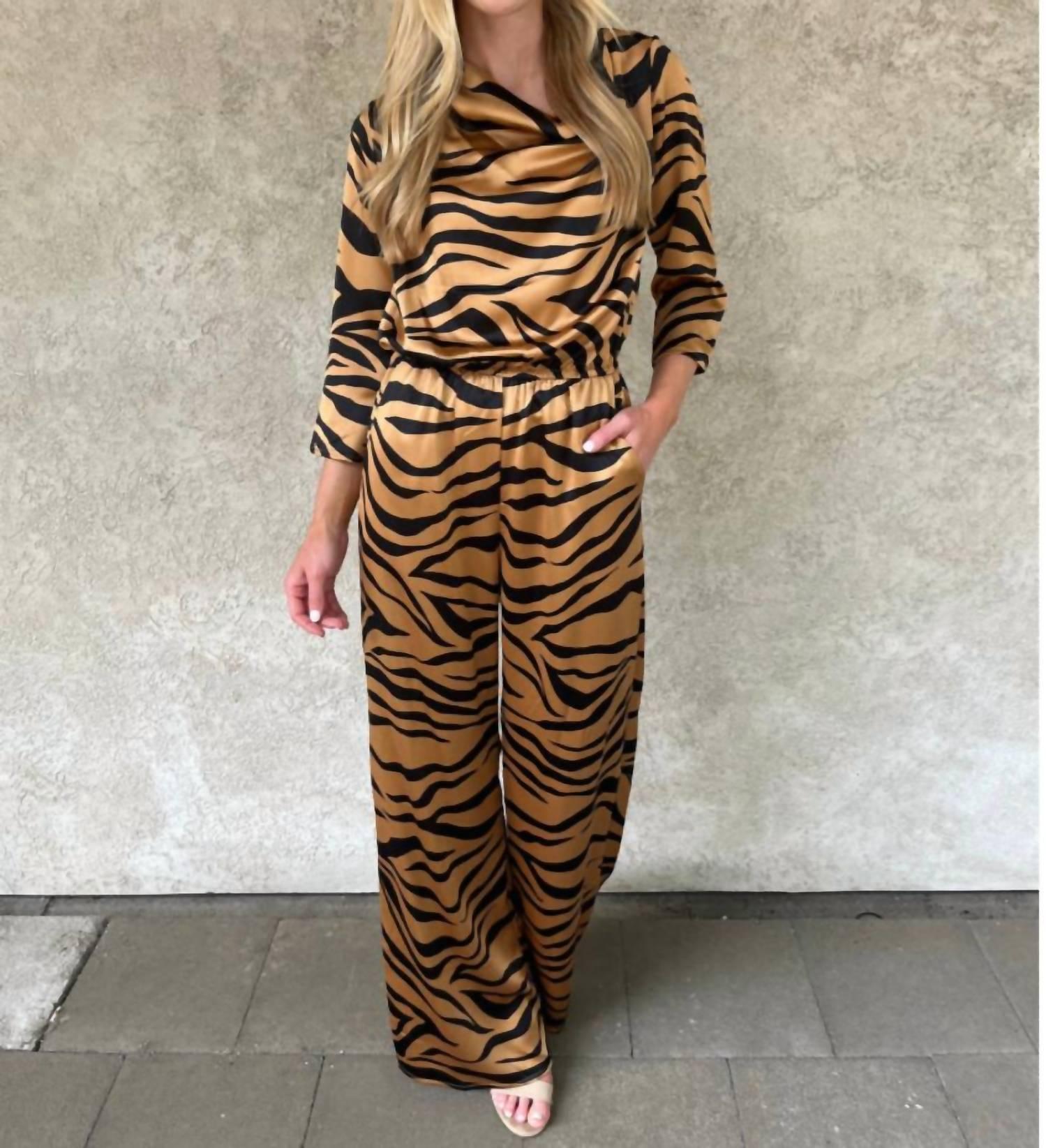 Carole'S Collections Tiger Satin Jumpsuit in Natural | Lyst
