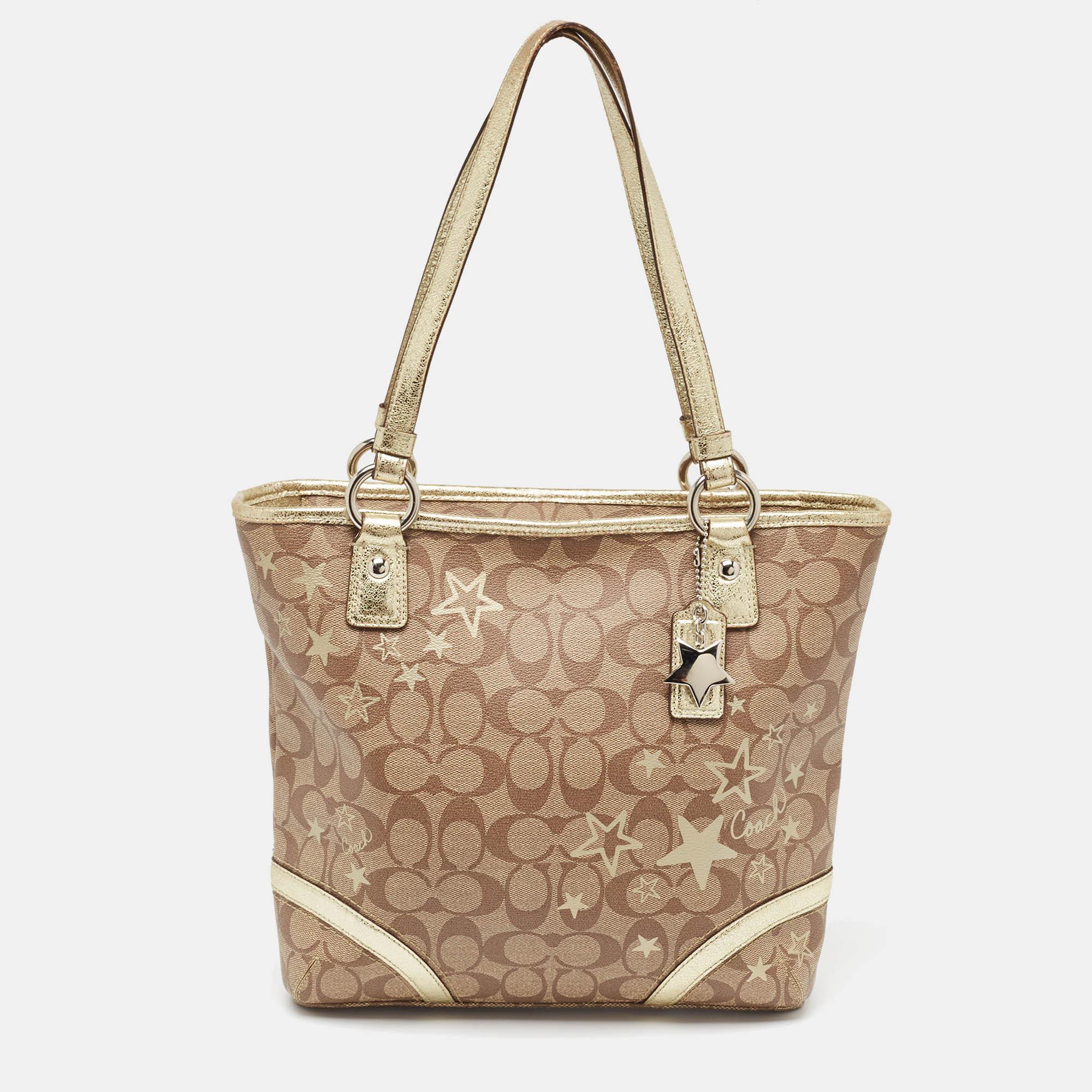 COACH /gold Signature Coated Canvas And Leather Heritage Star Tote in ...