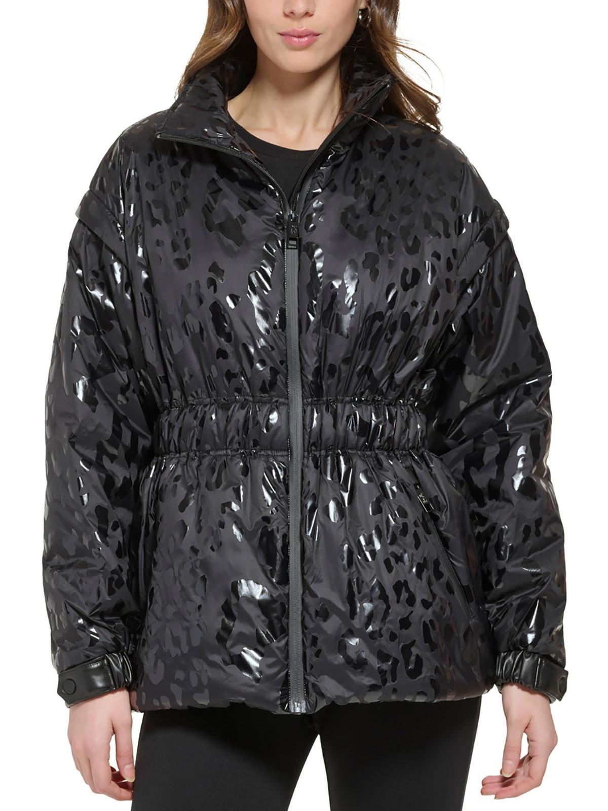 DKNY Stand Collar Animal Print Puffer Jacket in Black | Lyst