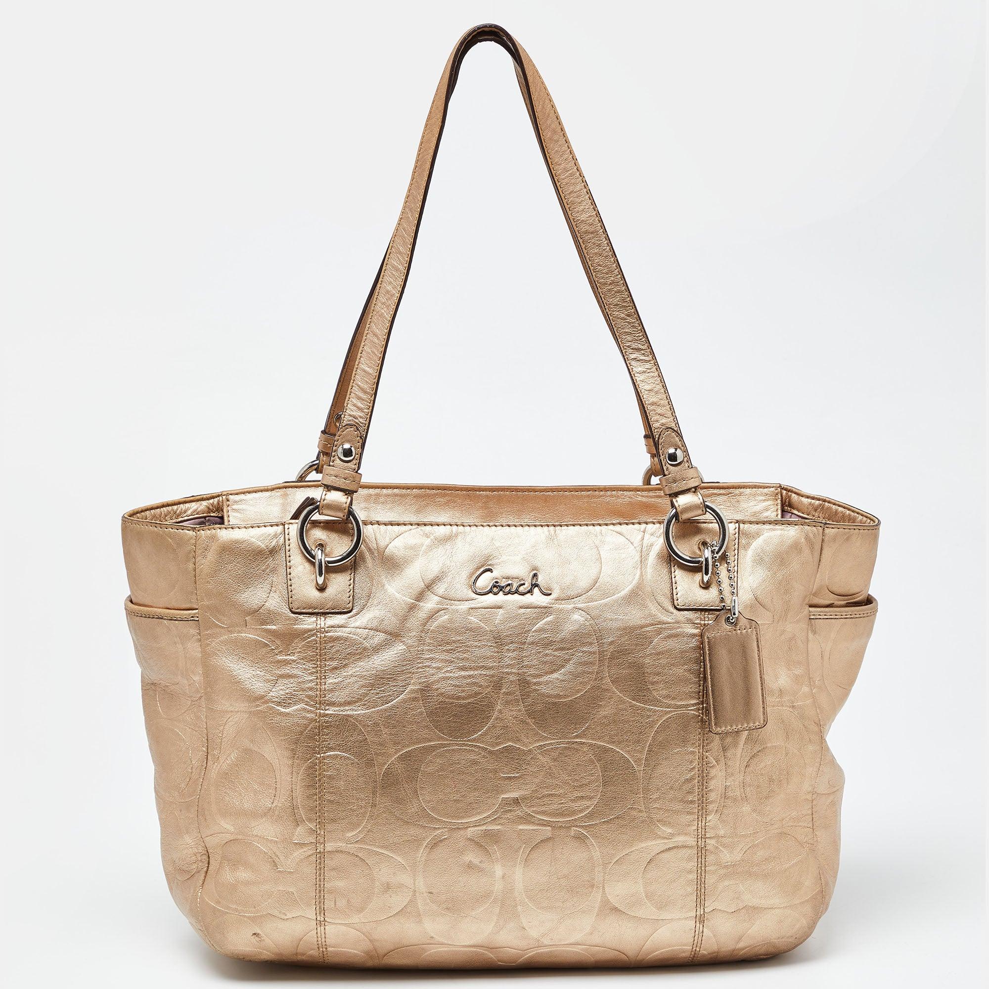 COACH Signature Embossed Leather East West Gallery Tote in Natural | Lyst