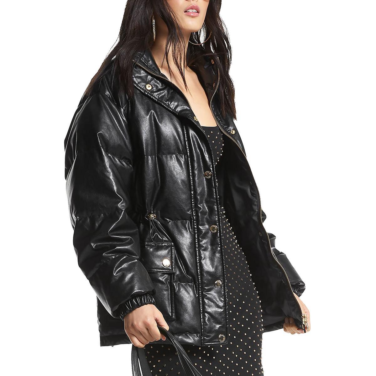 MICHAEL Michael Kors Faux Leather Cold Weather Puffer Jacket in Black ...