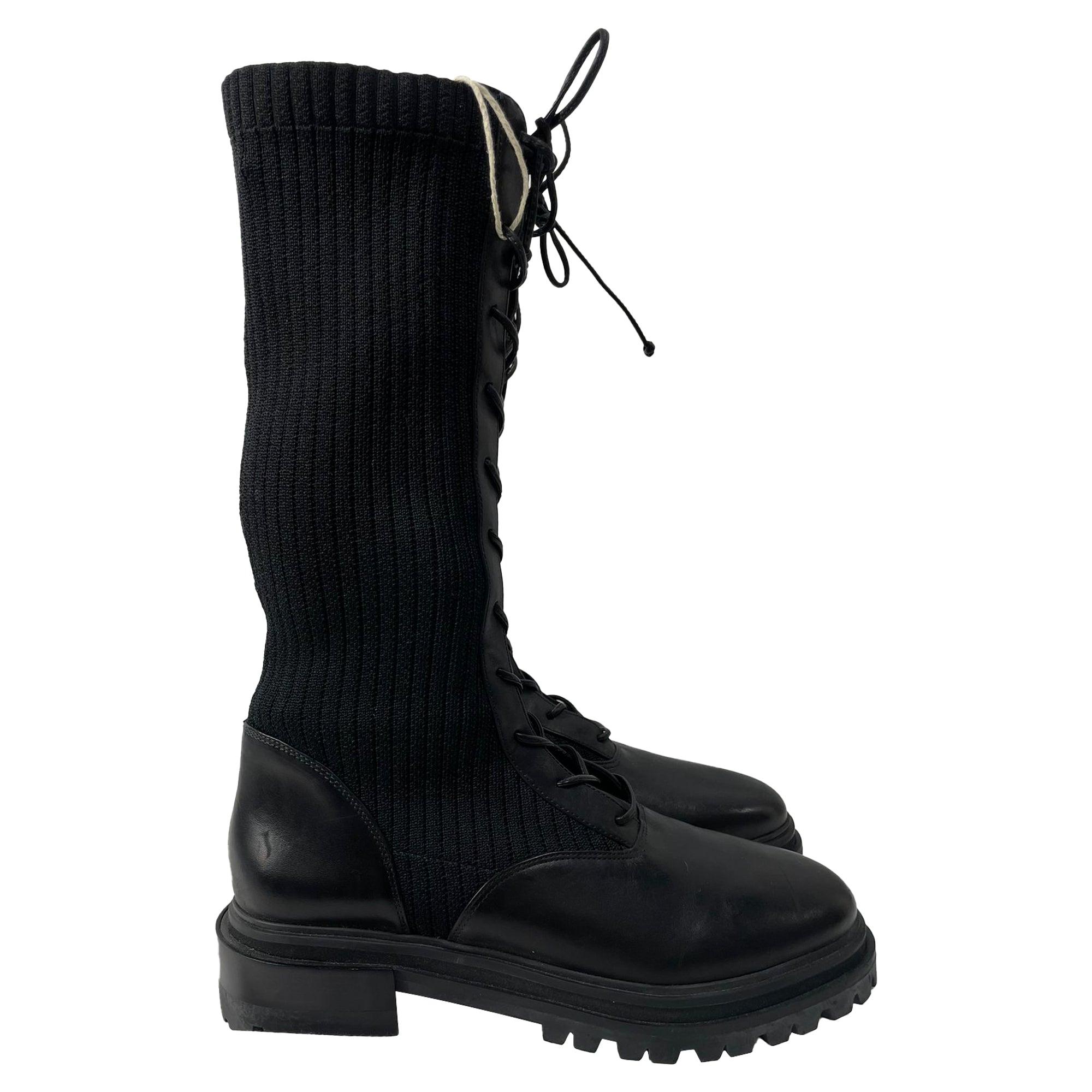 Porte & Paire Ribbed-Knit Lace-Up High Combat Boots in Black | Lyst