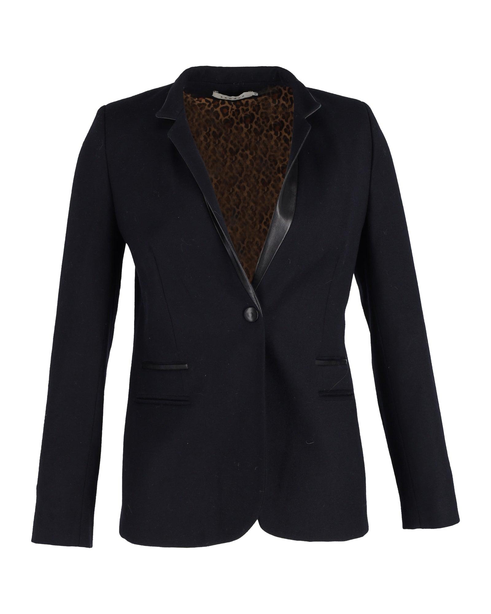 Sandro Sandro Suit Jacket With Leather Collar in Blue | Lyst