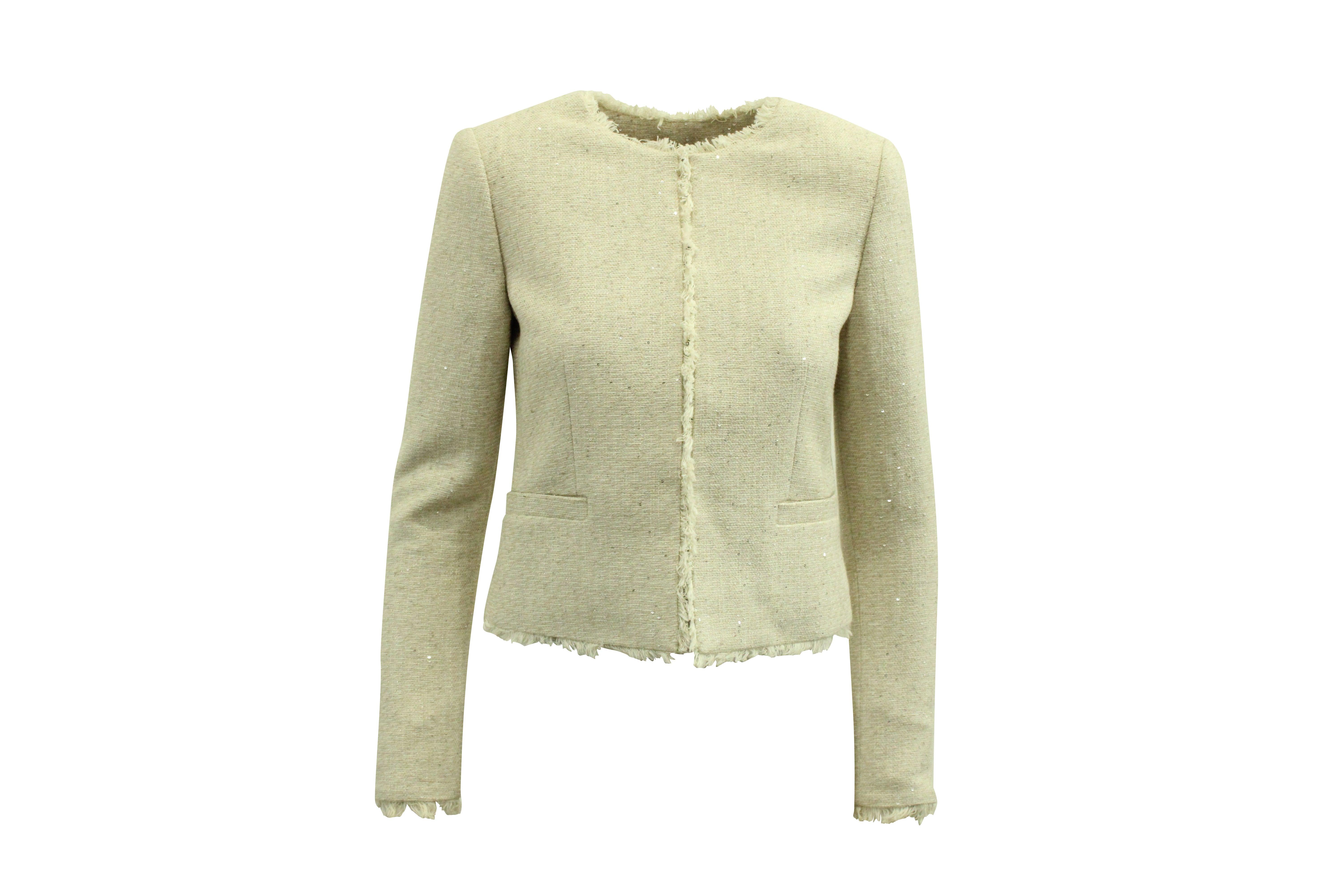 Alice + Olivia Tweed Jacket With Frayed Trim in Green | Lyst