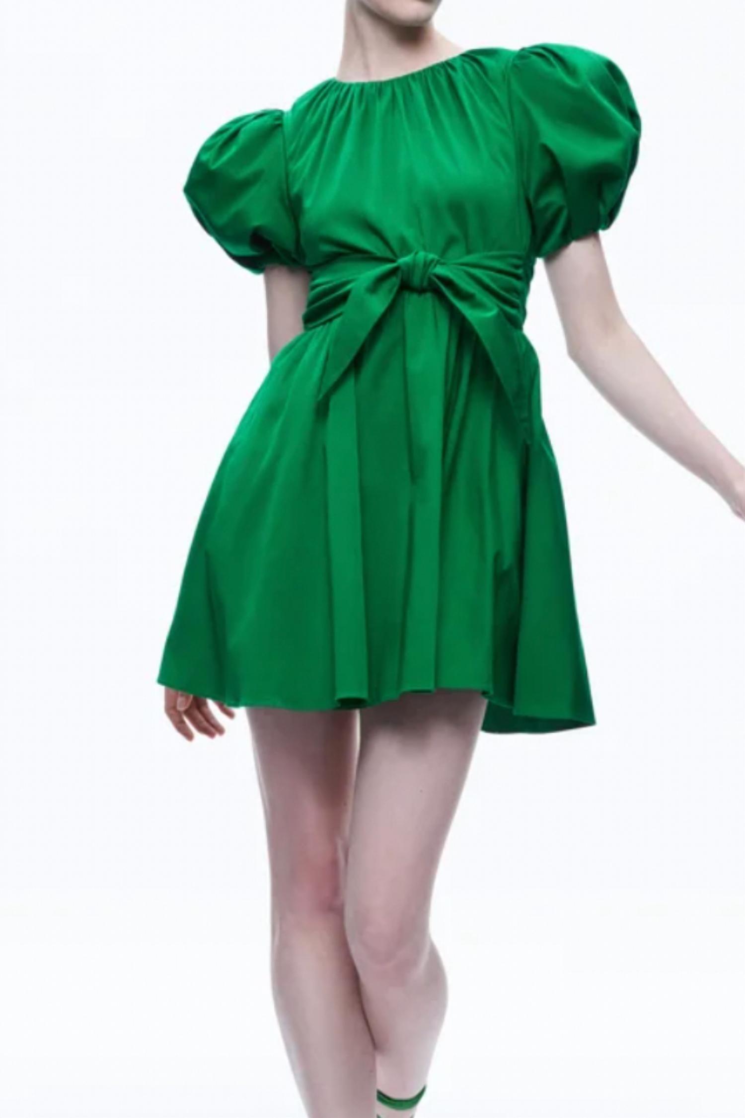 Alice + Olivia Kylan Puff Sleeve Mini Dress in Green | Lyst
