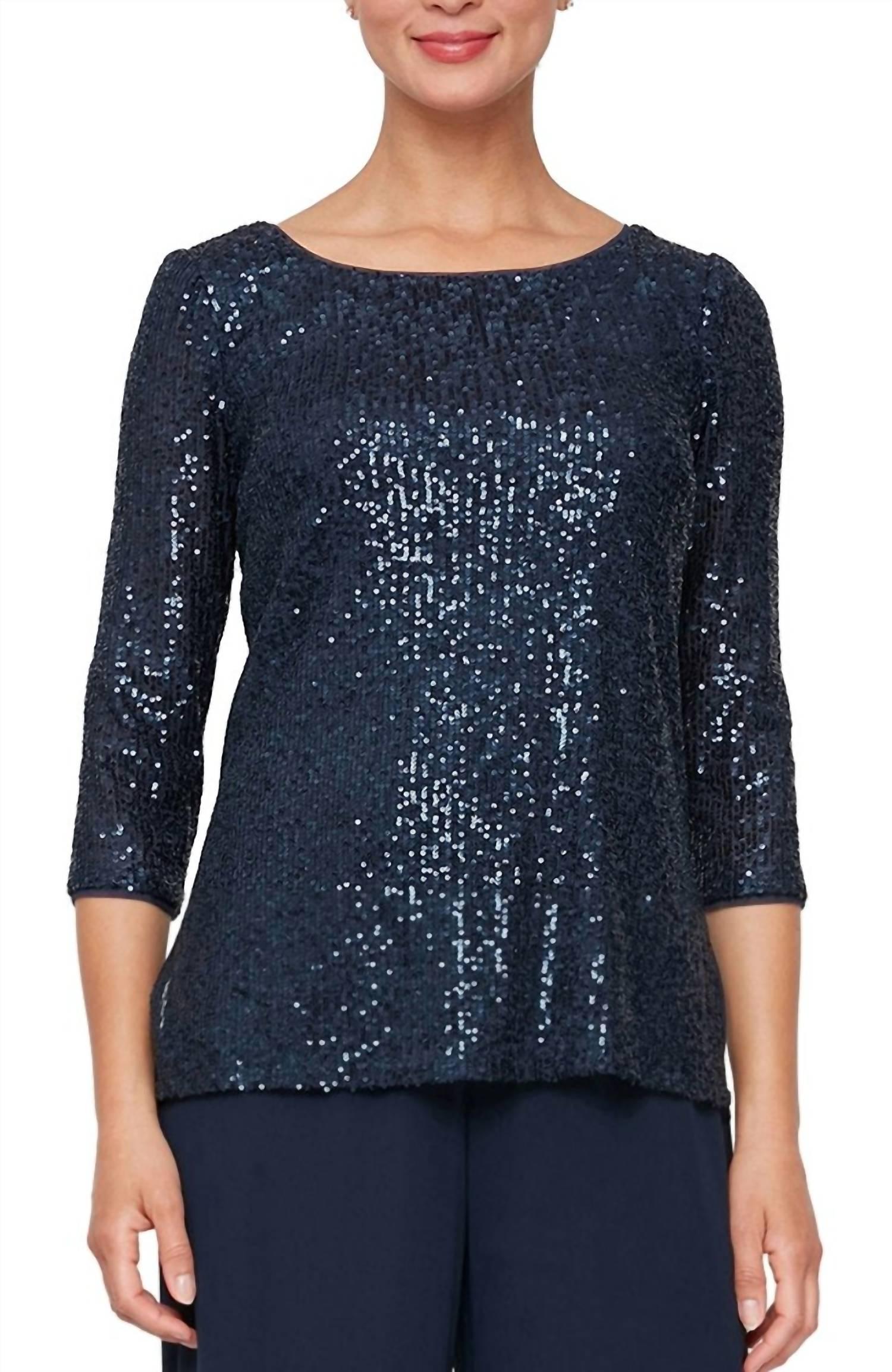 Alex Evenings Sequin 3/4 Sleeve Blouse With Side Slit Detail in Blue | Lyst