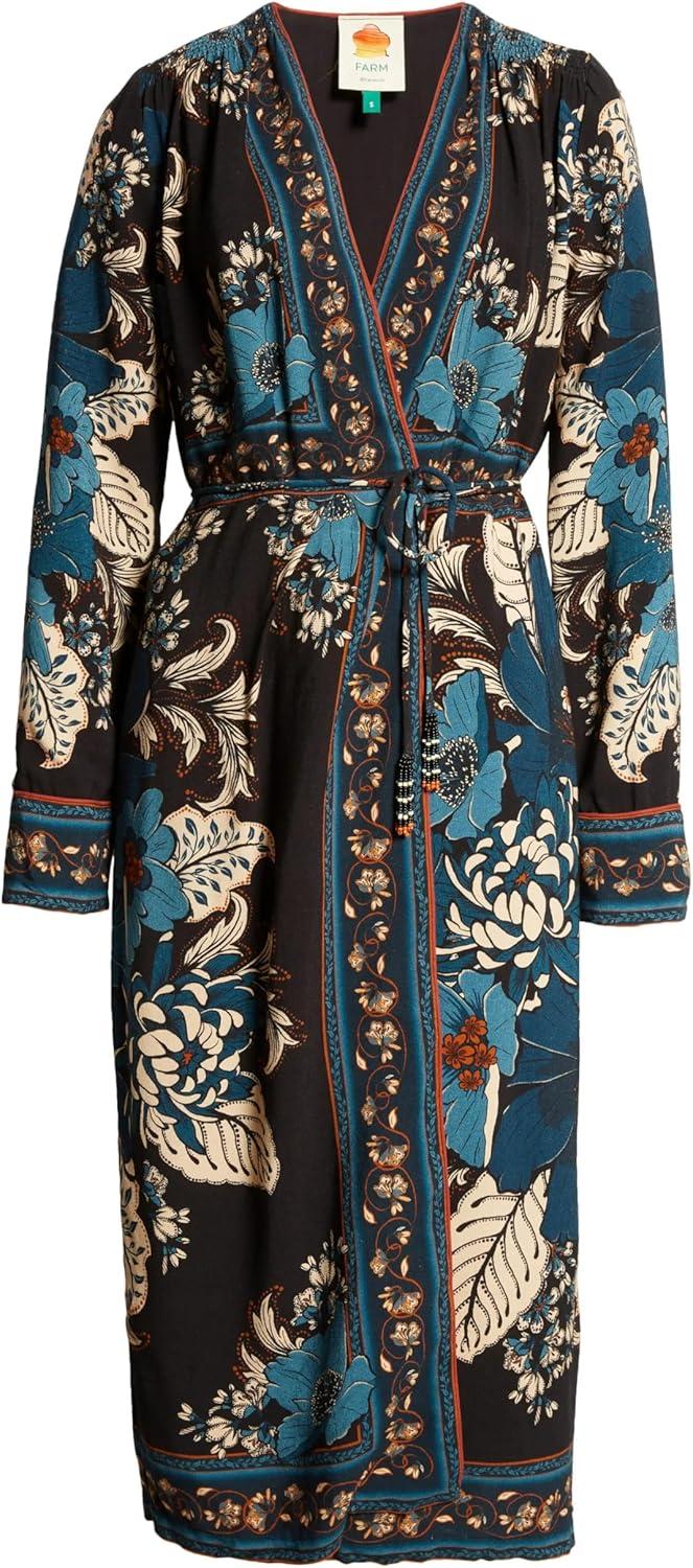 FARM Rio Midi Wrap Dress, Blossom Tapestry in Black | Lyst