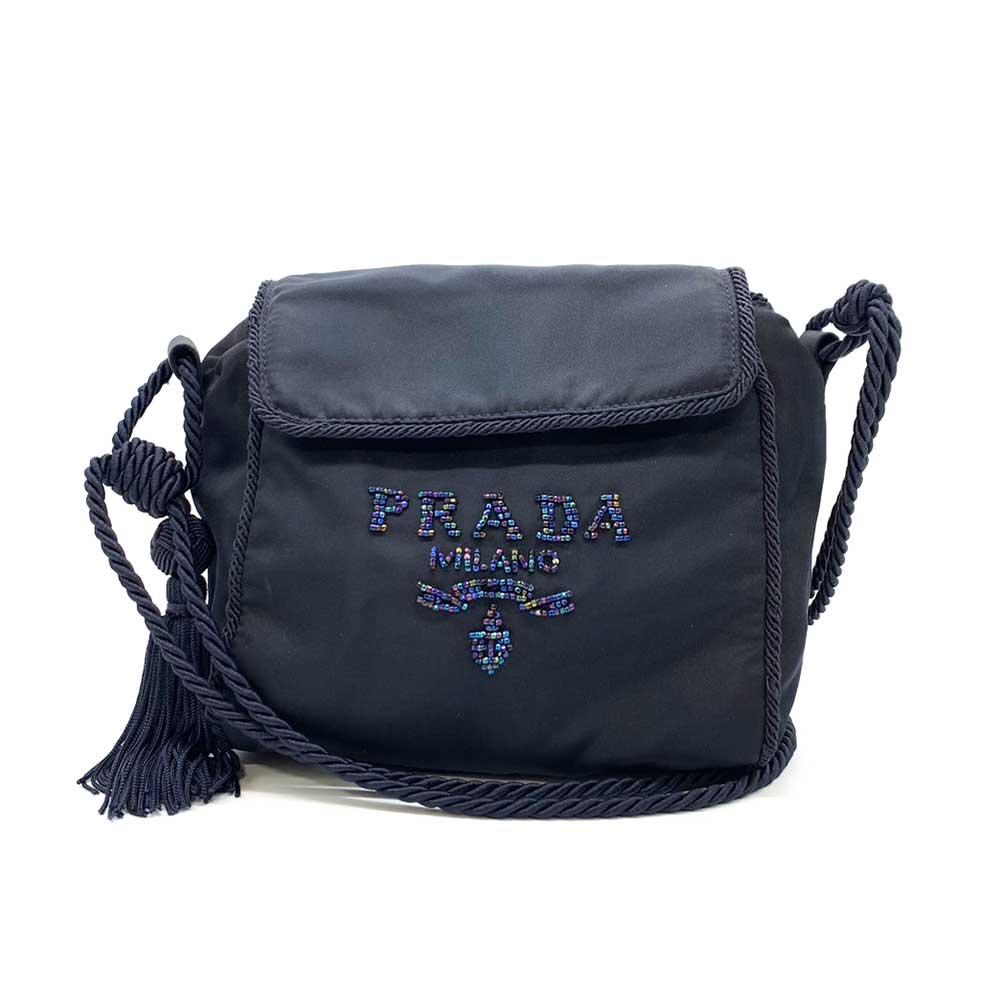 Prada Nylon Mini Shoulder Bag Dark Logo Beads Embroidery in Blue | Lyst