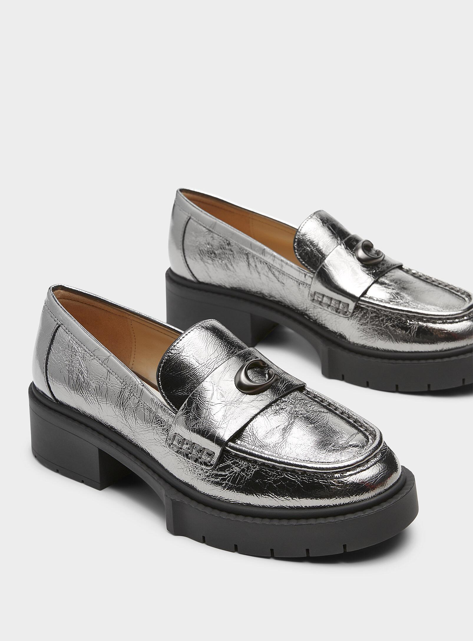 COACH Leah Crackled Metallic Loafers Women in Gray | Lyst