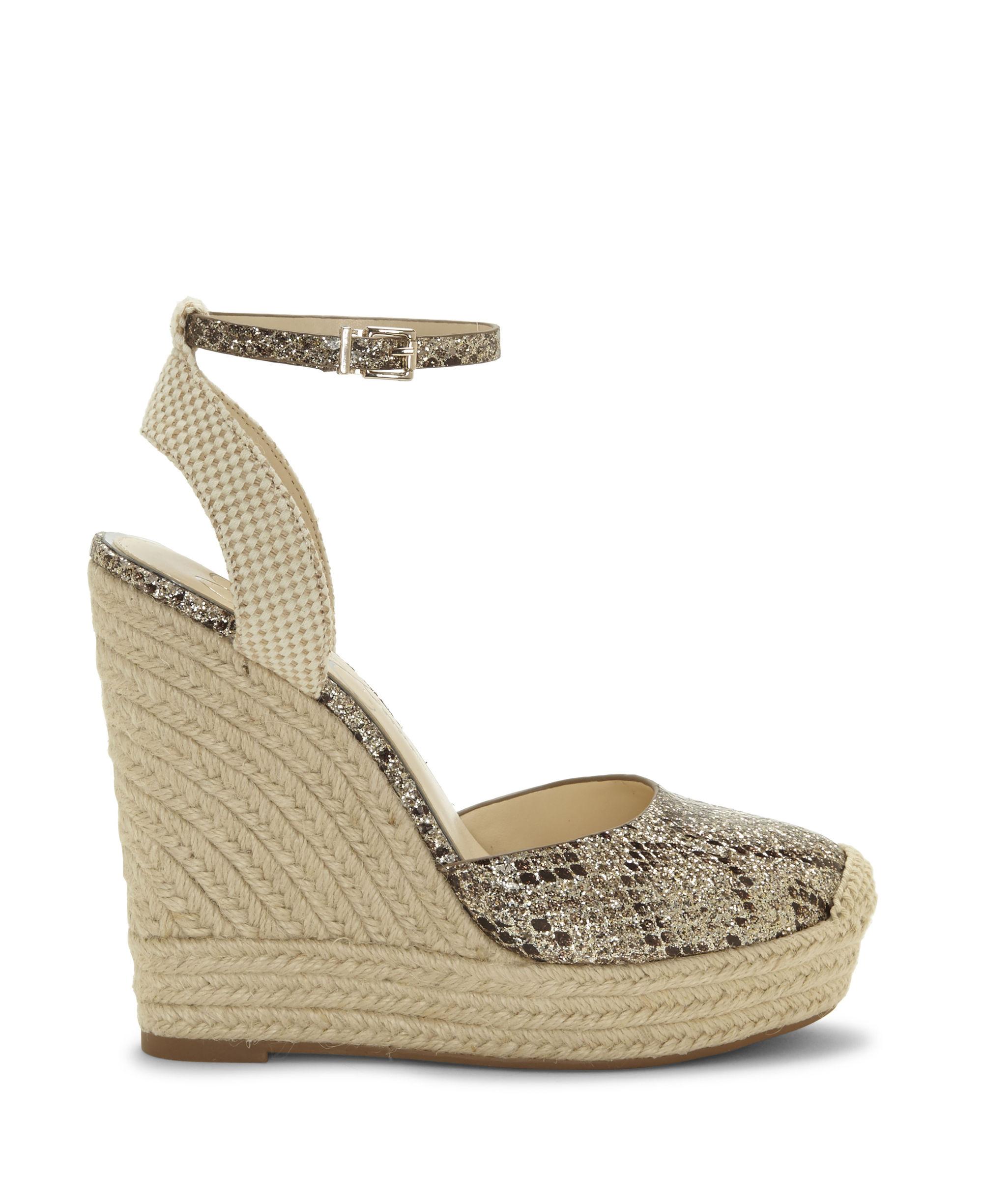 Jessica Simpson Leather Zestah Espadrille Wedge Sandal in Gold Glitter ...