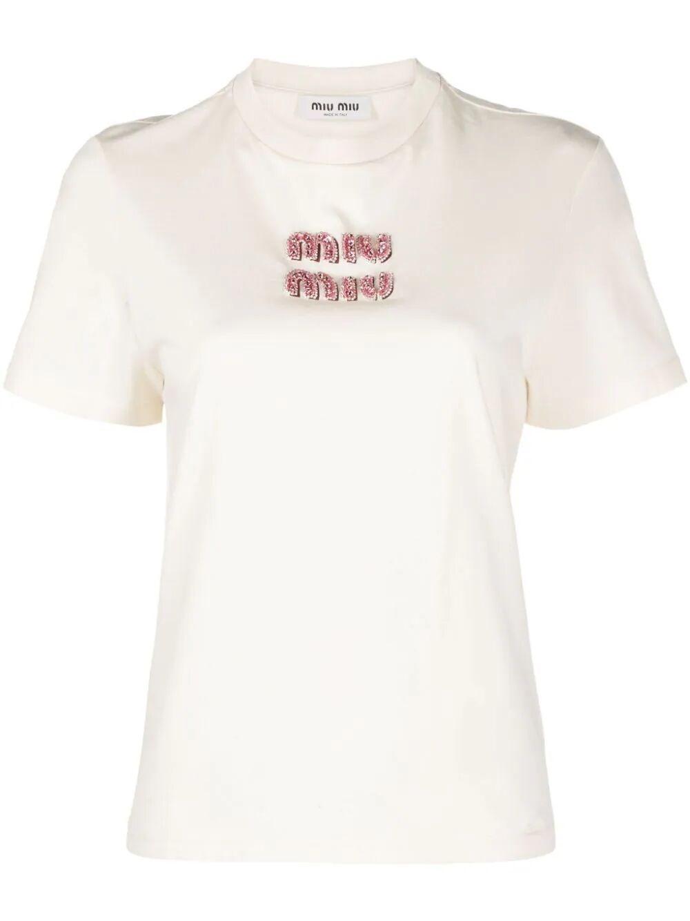 Miu Miu Logo-Appliqué Cotton T-Shirt in White | Lyst Miu Miu Logo-Appliqué Cotton T-Shirt in White | Lyst
