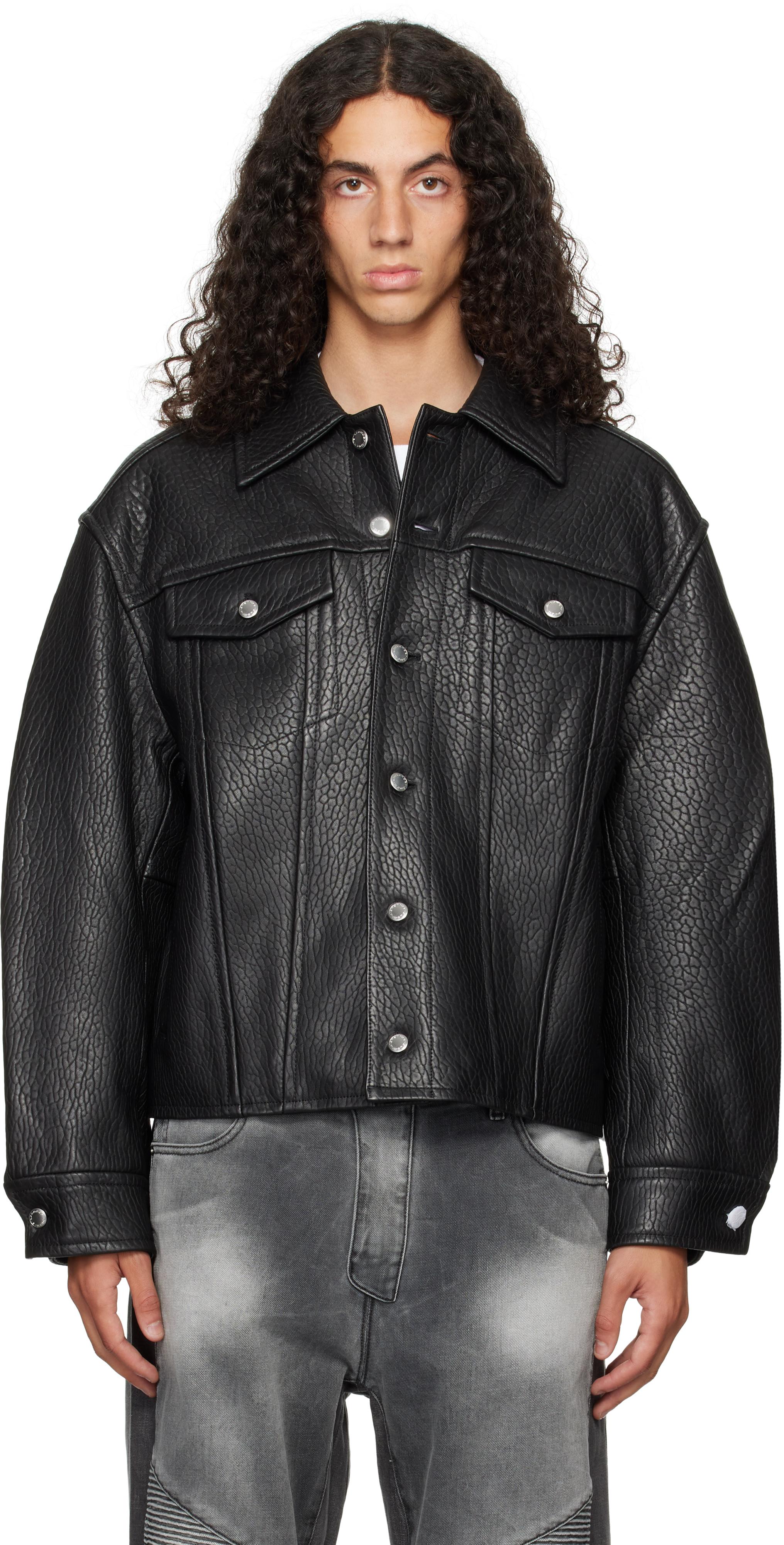 Alexander Wang メンズ ブラック トラッカー レザージャケット Alexander Wang メンズ ブラック トラッカー レザージャケット