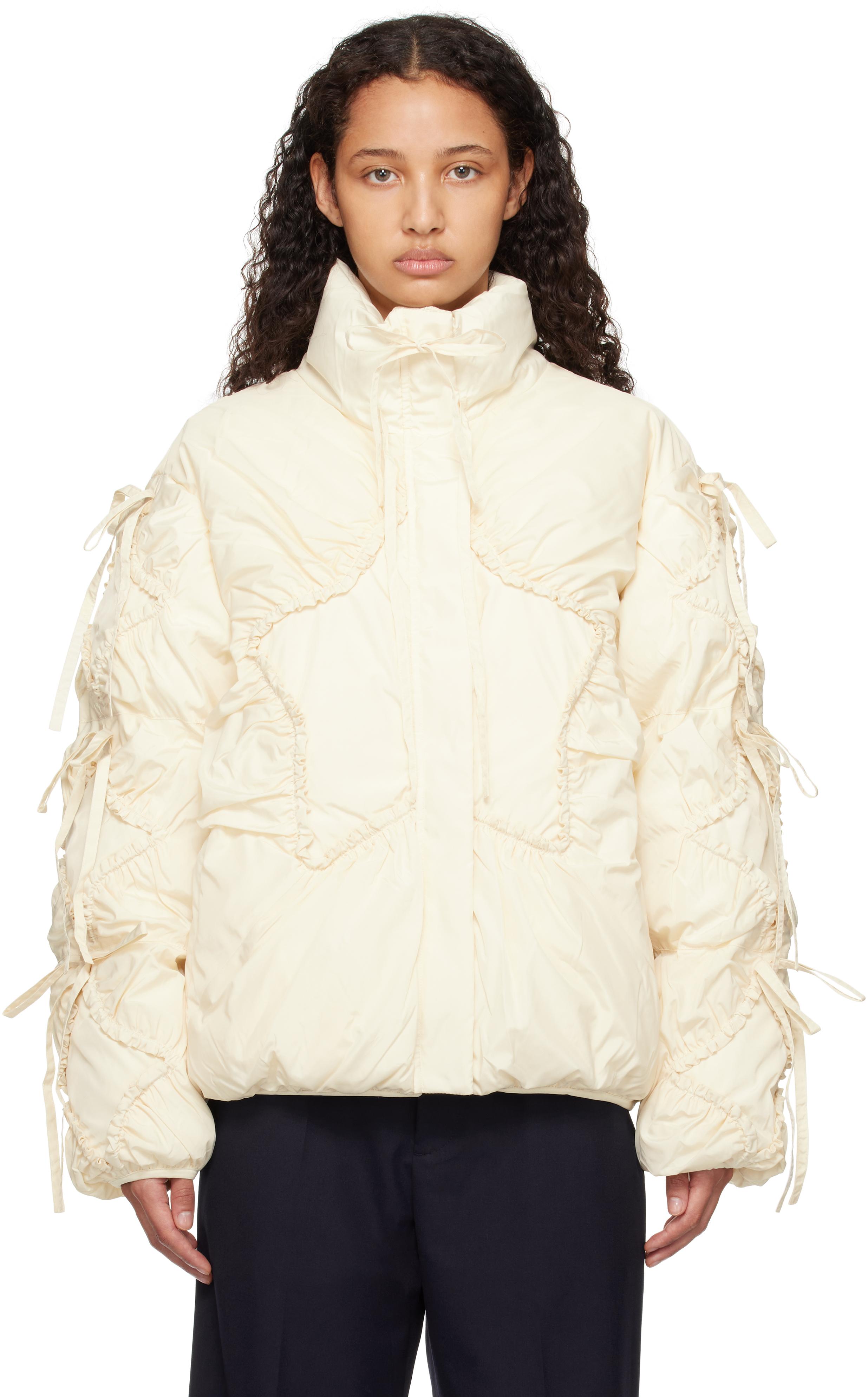 Sandy Liang Bow-Appliqued Ruched Puffer Jacket in Natural | Lyst