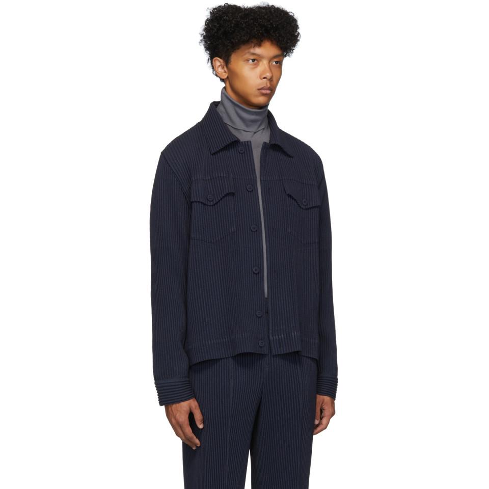 Homme Plissé Issey Miyake Navy Pleated Trucker Jacket in Blue for Men ...